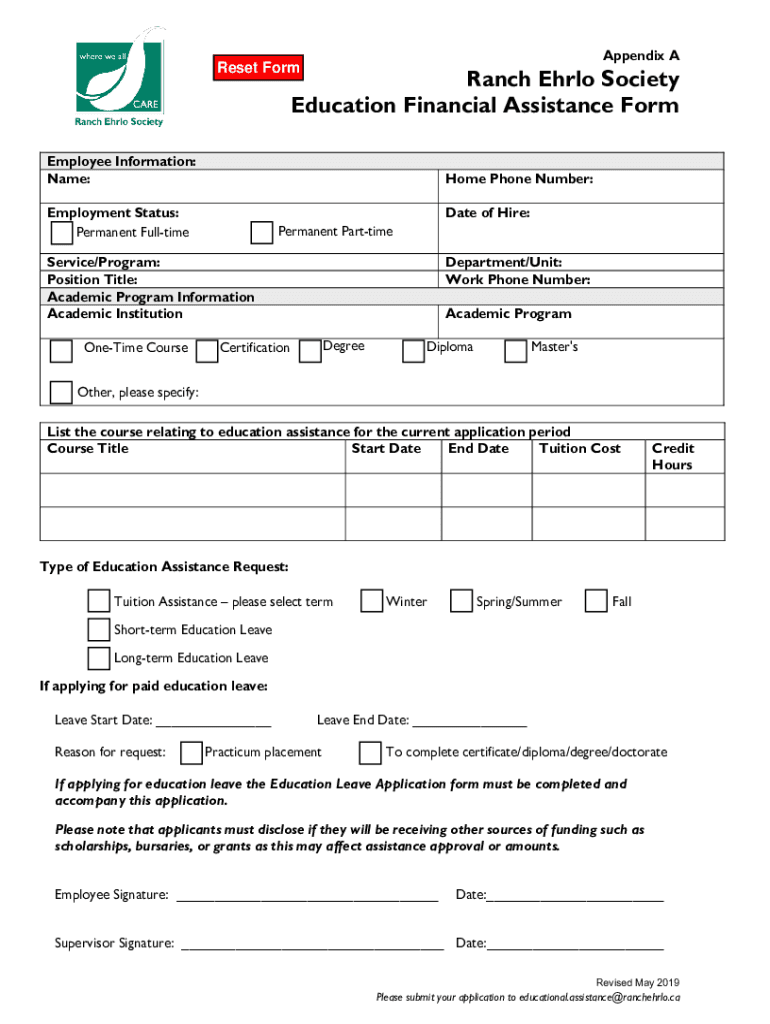 Fillable Online Ranch Ehrlo Society Education Financial Assistance Form ...