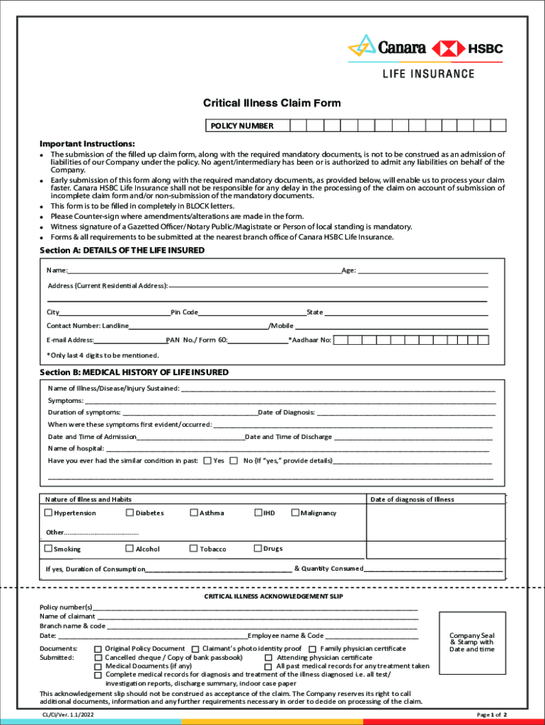 Fillable Online Critical Illness Claim Form copy - Canara HSBC Life ...