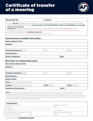 Fillable Online Certificate of transfer of a mooring - at.govt.nz Fax ...