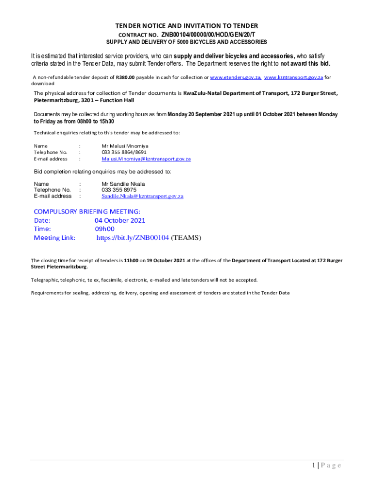 Fillable Online Tender Notice and Invitation to Tender No: Document ...