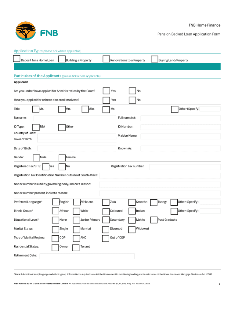 Fillable Online FNB Home Finance Pension Backed Loan Application Form ...