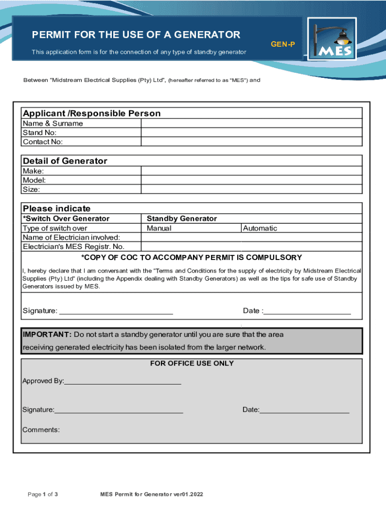 Fillable Online PERMIT FOR THE USE OF A GENERATOR Fax Email Print ...