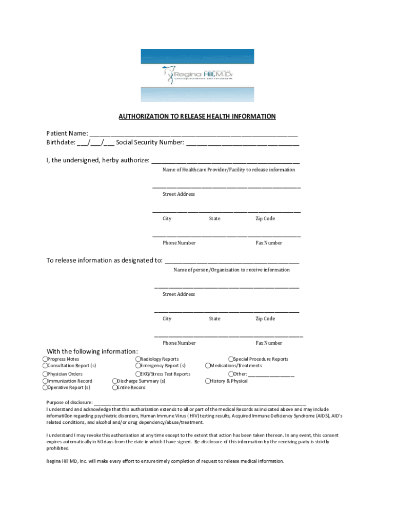 Fillable Online AUTHORIZATION TO RELEASE HEALTH INFORMATION - PatientPop Fax Email Print - pdfFiller