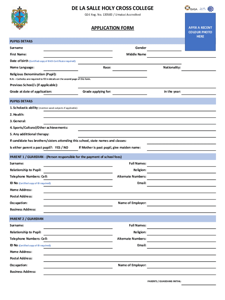 Fillable Online Application Form - DE LA SALLE HOLY CROSS COLLEGE Fax ...