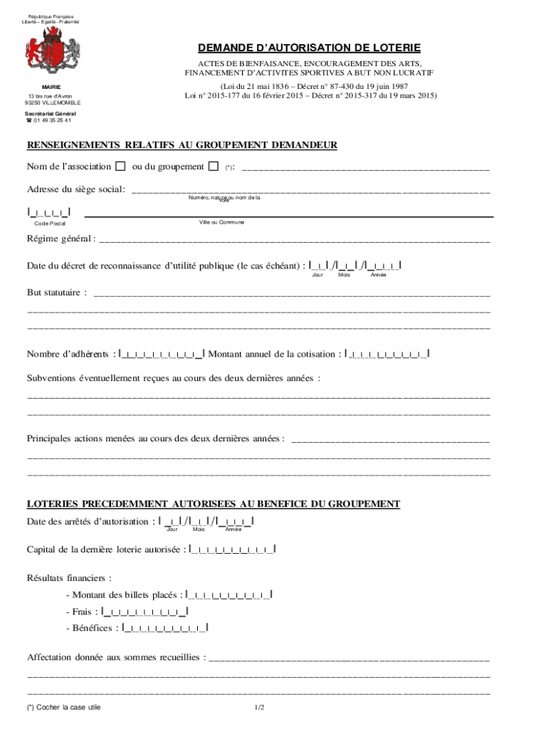 Fillable Online DEMANDE D'AUTORISATION DE LOTERIE - Ville de Villemomble Fax Email Print - pdfFiller