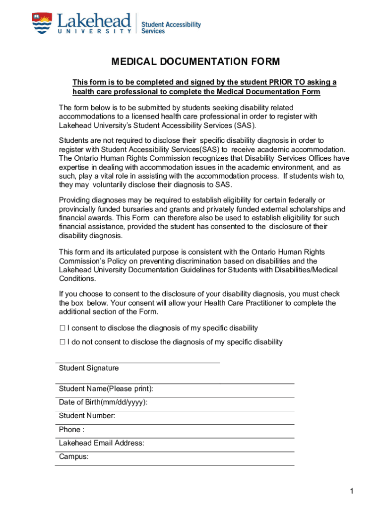 Fillable Online MEDICAL DOCUMENTATION FORMLakehead University Fax Email ...