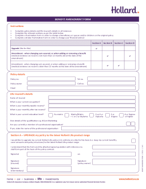Fillable Online BENEFIT AMENDMENT FORM - HollardBENEFIT AMENDMENT FORM ...