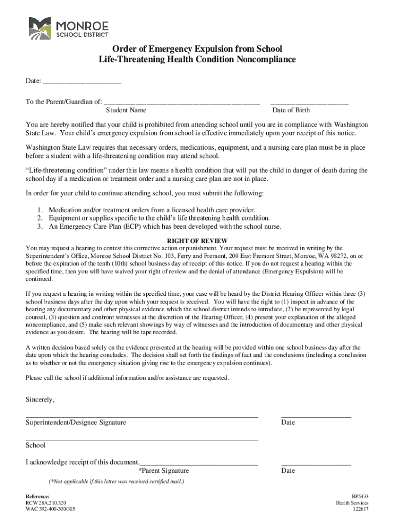 Fillable Online Order of Emergency Expulsion from School Life ...