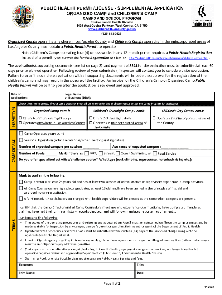 Fillable Online Public Health Permit/License - Supplemental Application ...