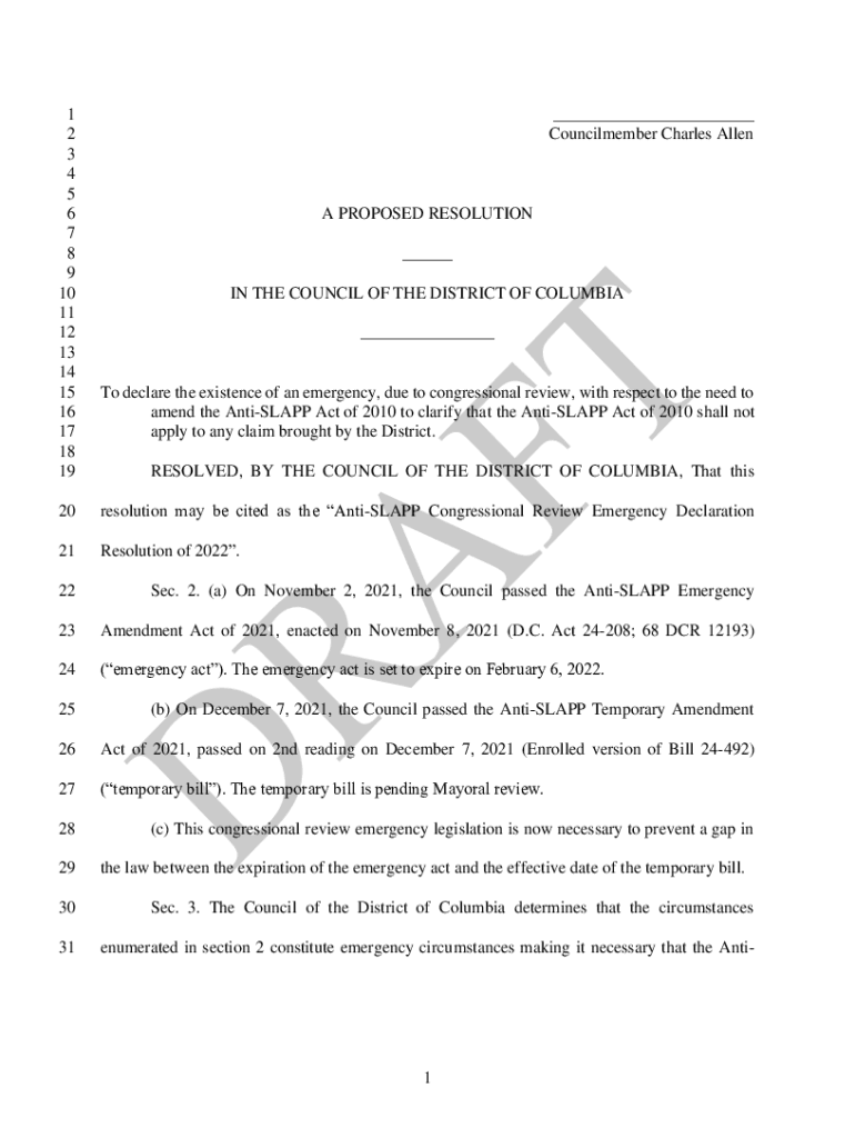 Fillable Online DRAFT Anti-SLAPP Congressional Review Emergency ...