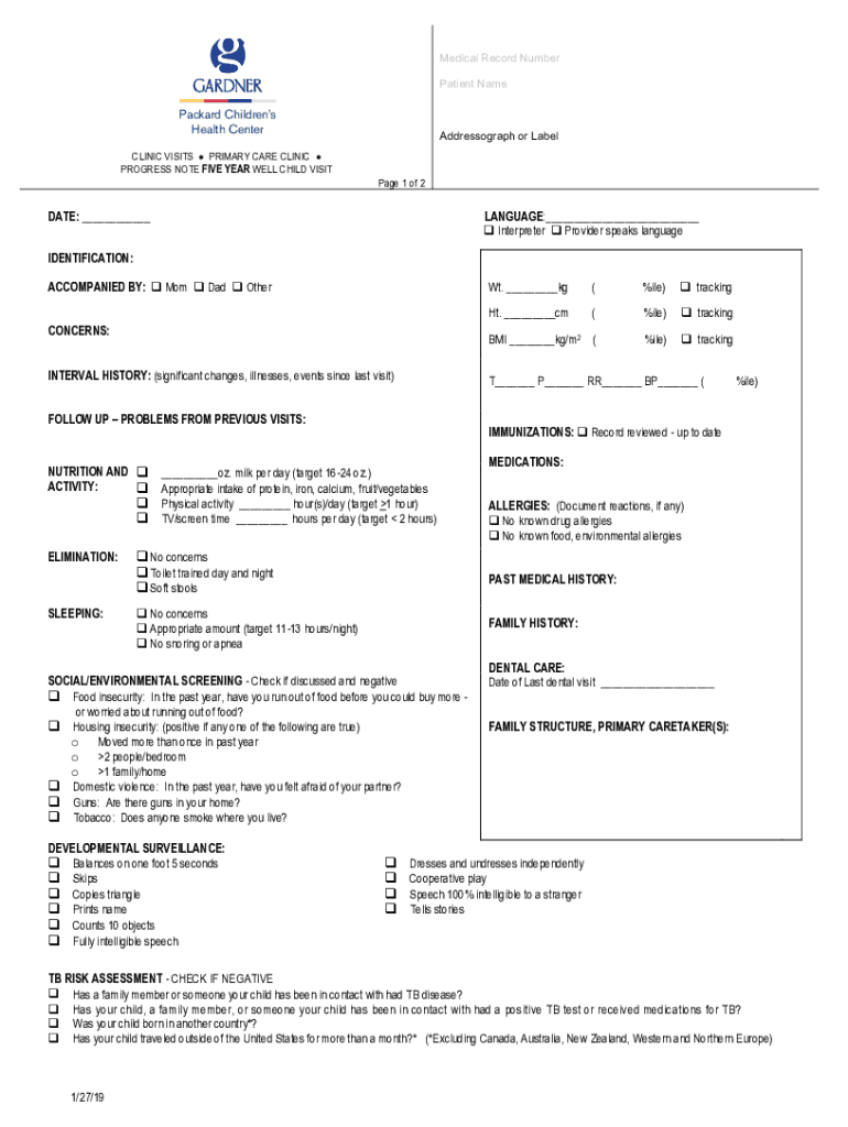 Fillable Online med stanford 12 Progress Note Five Year Well Child ...