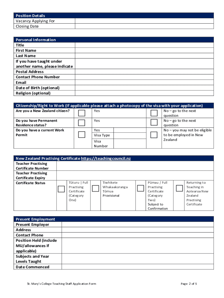 Fillable Online St Mary's College - Teaching Staff Application Form Fax Email Print - pdfFiller