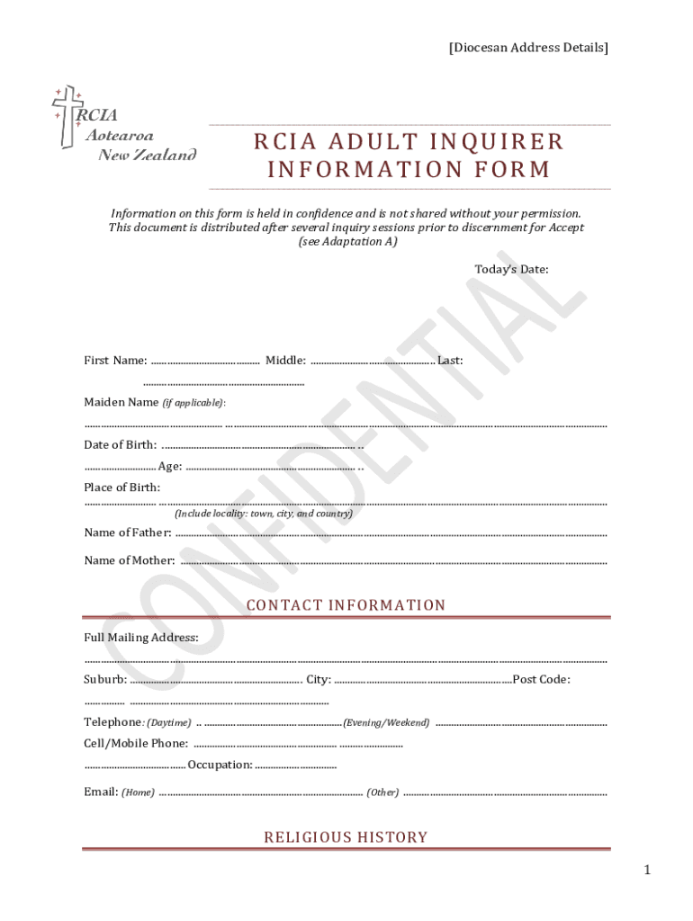 Fillable Online RCIA Adult Inquirer Information Form - Diocese of ...