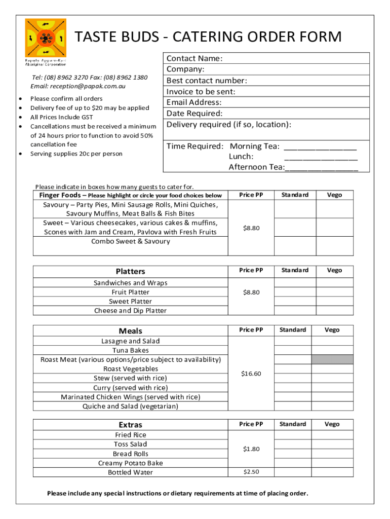 Fillable Online TASTE BUDS - CATERING ORDER FORM Fax Email Print ...
