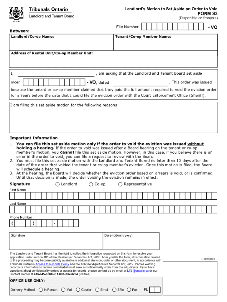 Fillable Online Landlord's Motion to Set Aside an Order to Void Form S3 ...
