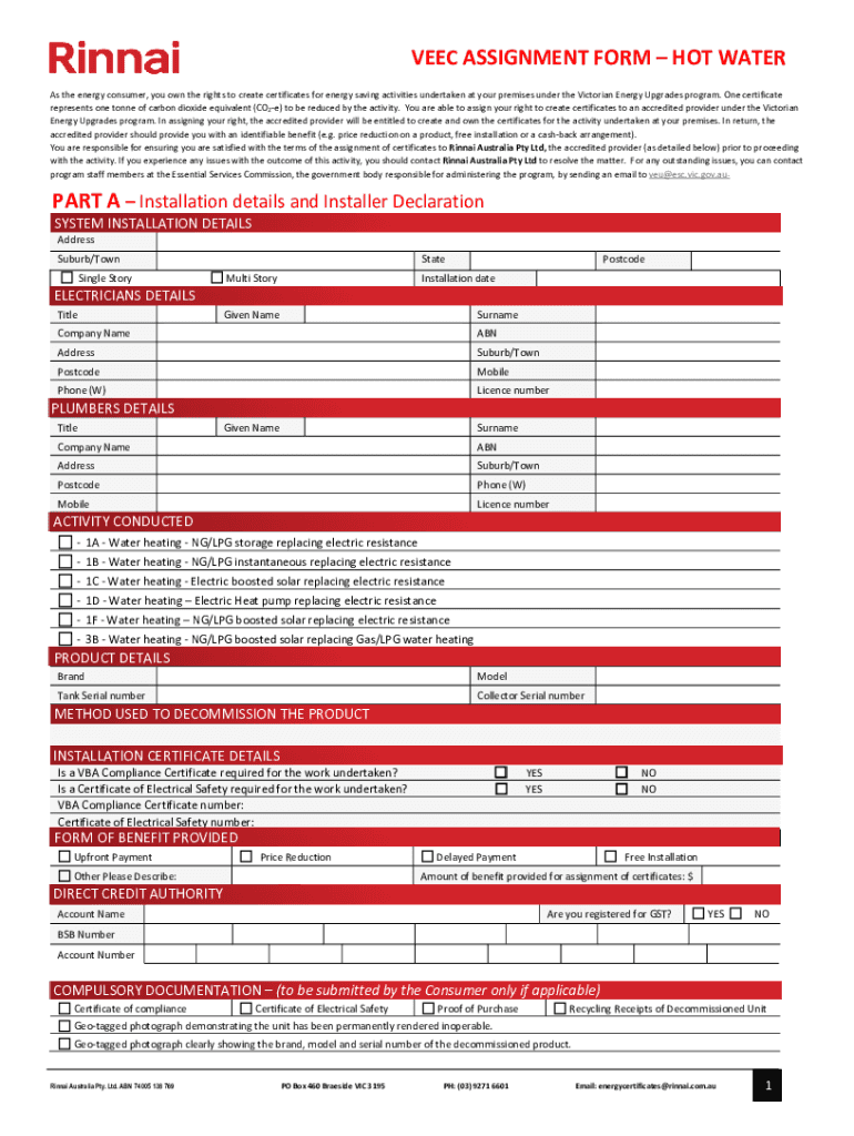 Fillable Online VEEC ASSIGNMENT FORMHOT WATERVEEC ASSIGNMENT FORMHOT ...
