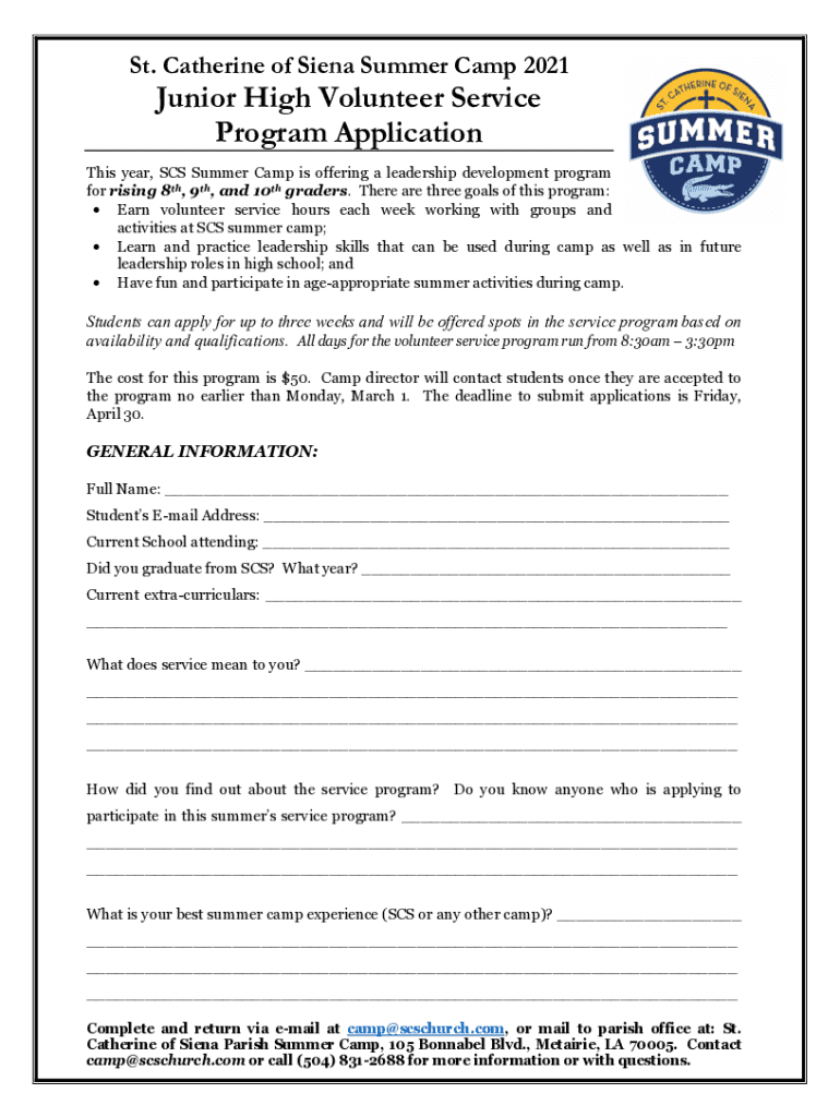 Fillable Online Summer Camp Junior High Vounteer Service Program Application Fax Email Print ...