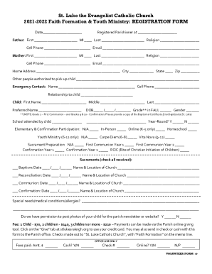 Fillable Online 2021-2022 Faith Formation & Youth Ministry ...