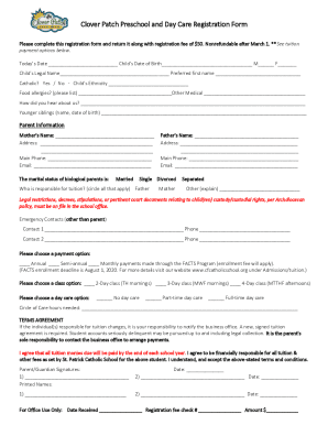 Fillable Online Clover Patch Preschool and Day Care Registration Form Fax Email Print - pdfFiller