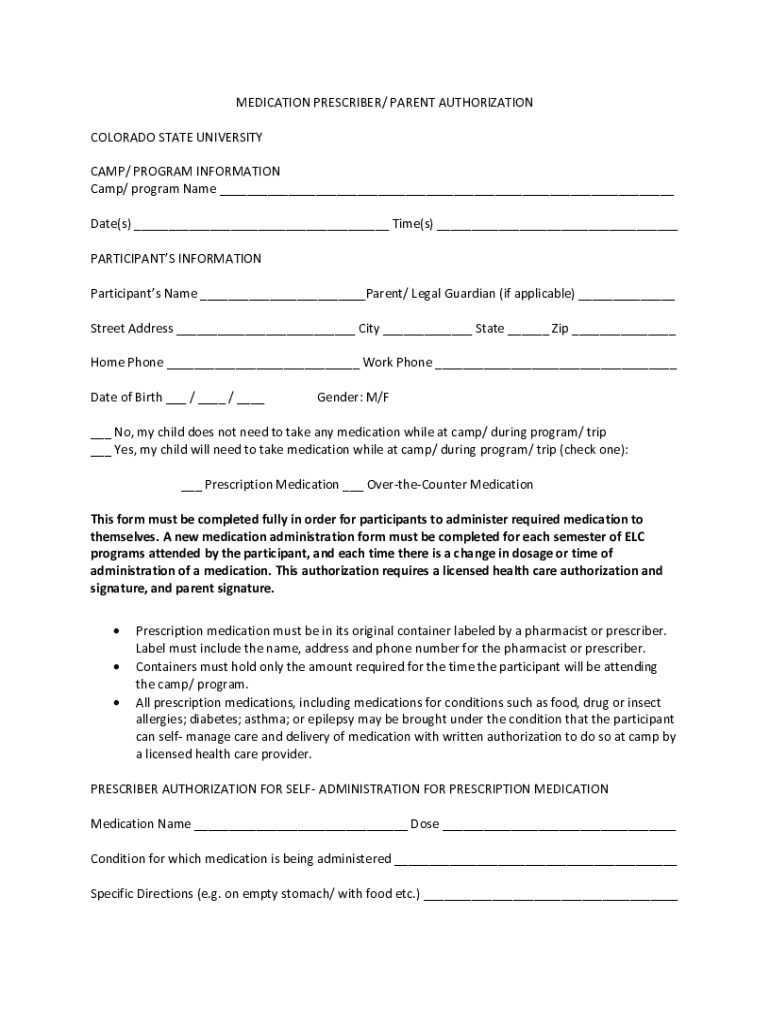 Fillable Online warnercnr colostate Medication PrescriberParent ...