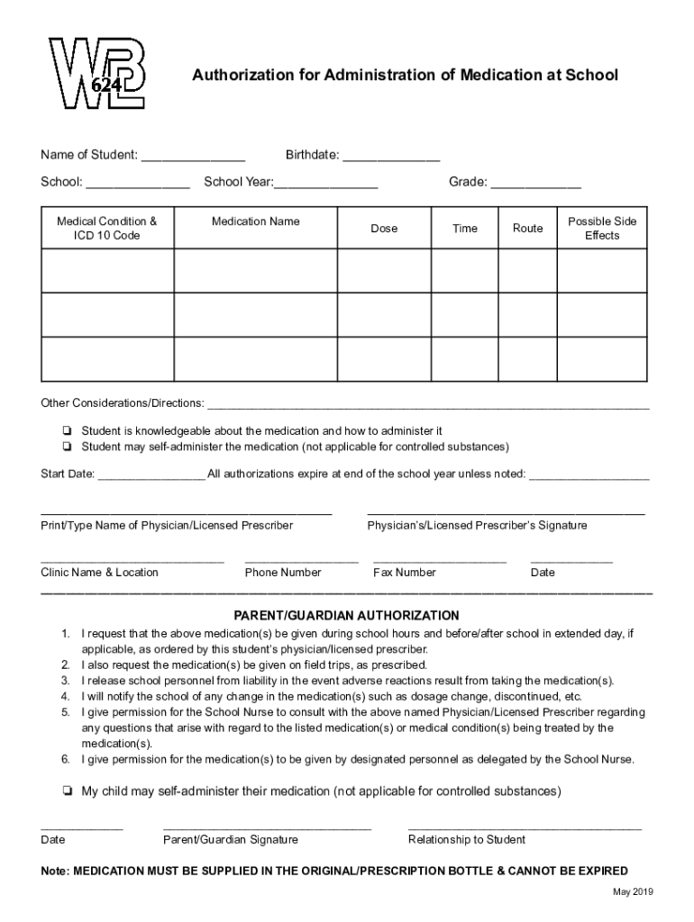 Fillable Online AUTHORIZATION FOR ADMINISTRATION OF MEDICATION AT ...