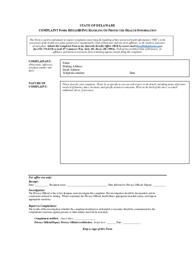 Fillable Online Complaint Form - Delaware Department of Justice - State ...