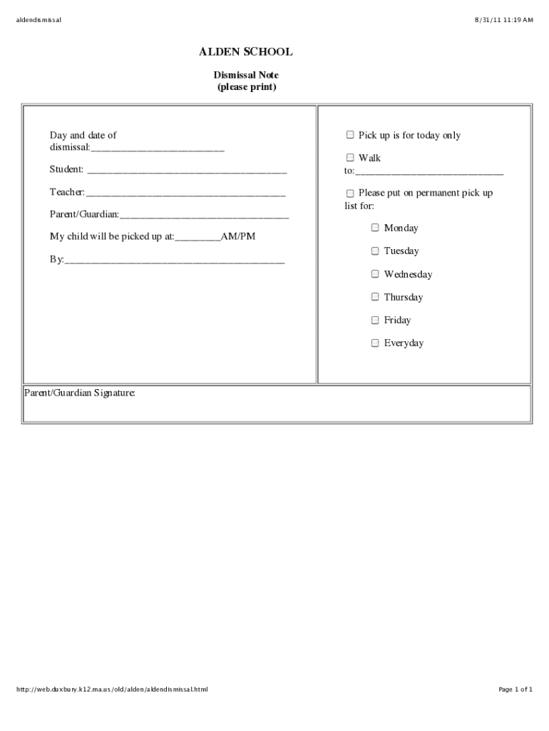 Fillable Online Early Dismissal Note Form - Fill Out and Sign Printable ...