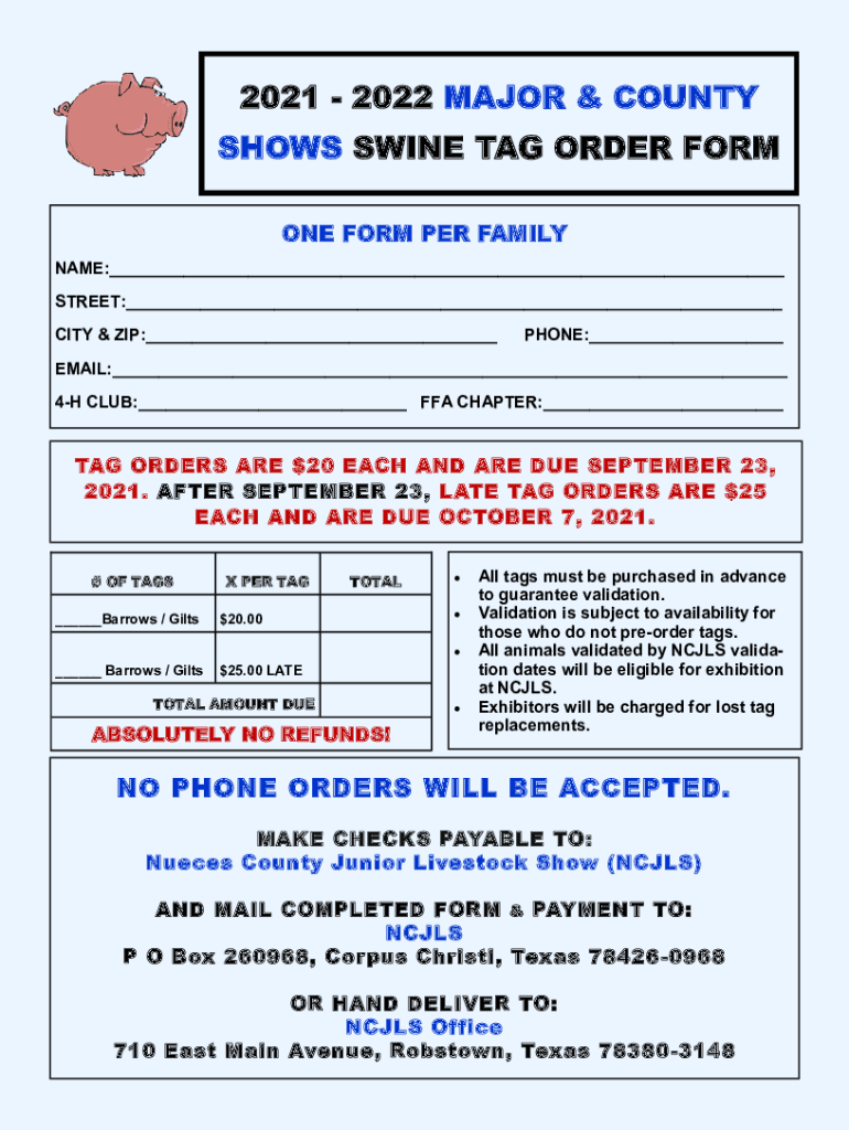 Fillable Online 2021 2022 MAJOR & COUNTY SHOWS SWINE TAG ORDER FORM Fax ...