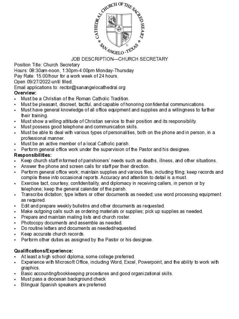 Fillable Online Church Secretary Job Description - Great Sample Resume ...