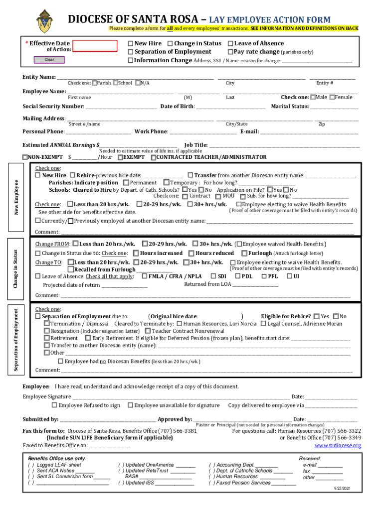 Fillable Online Fillable Online DIOCESE OF SANTA ROSA - EMPLOYEE BENEFITS ACTION FORM ... Fax ...