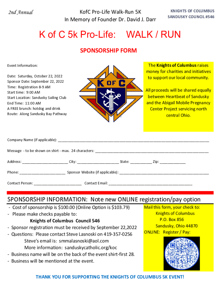 Fillable Online 2022 KofC Pro-Life 5K - SPONSOR FORM rev 5 w QR old ...