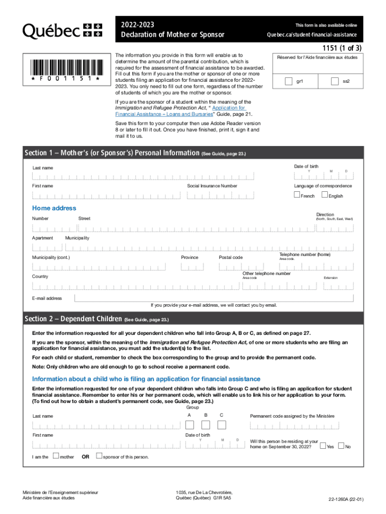 Fillable Online Declaration of Mother or Sponsor (previous version) - Quebec.ca Fax Email Print ...