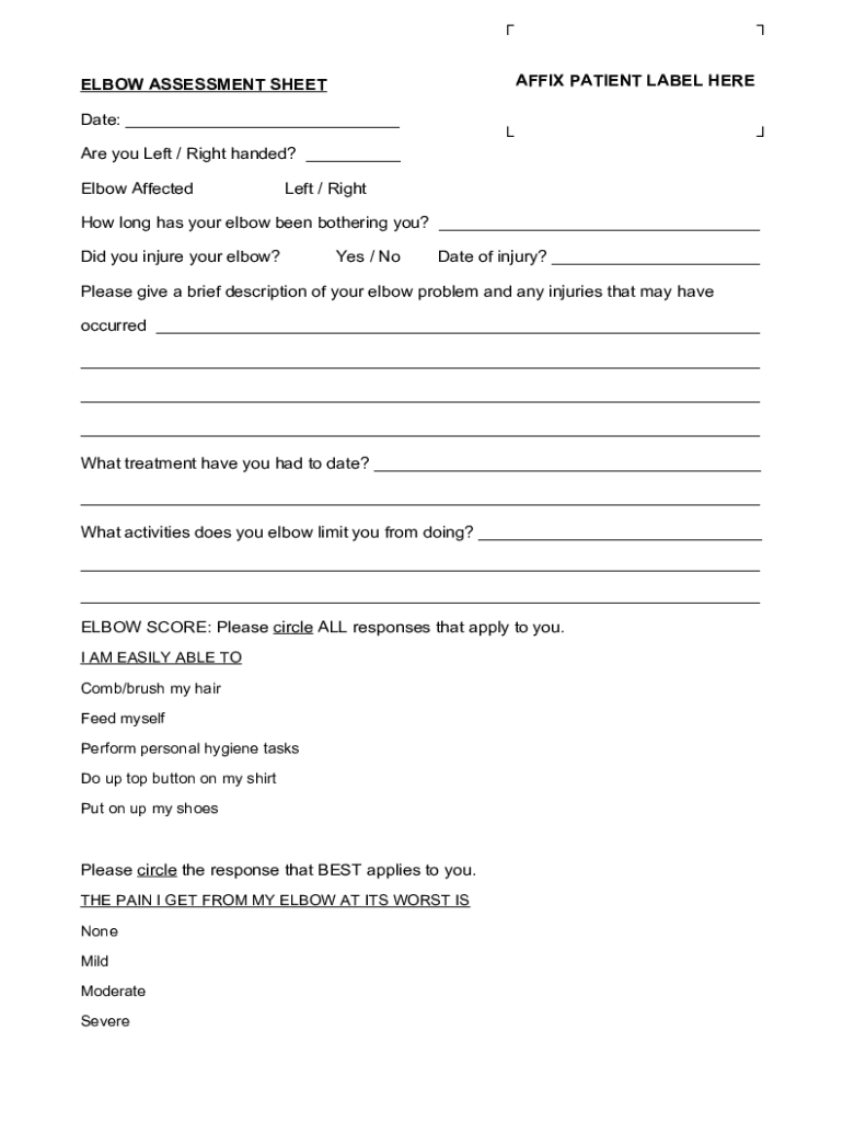 Fillable Online ELBOW ASSESSMENT SHEET Fax Email Print - pdfFiller