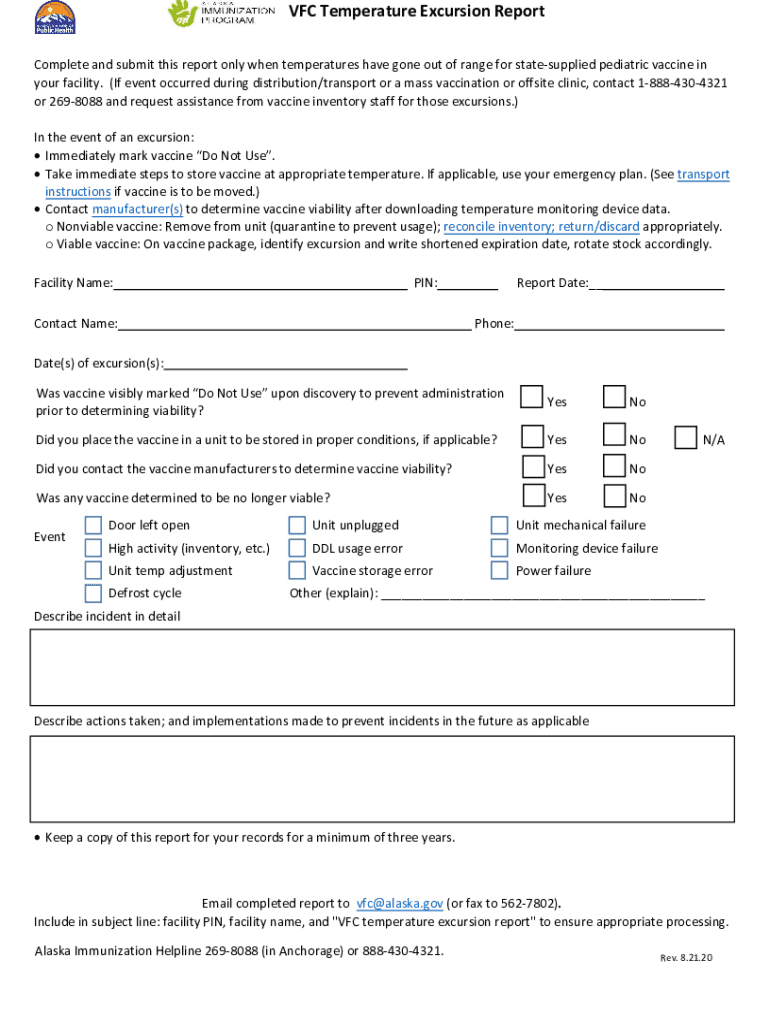 Fillable Online VFC Temperature Excursion Report - Alaska Department of ...