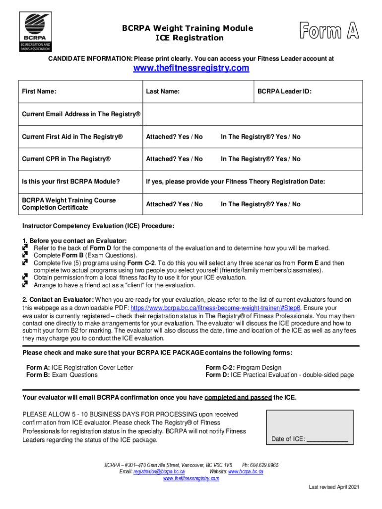 Fillable Online Bcrpa Weight Training Module Ice Registration Cover ...