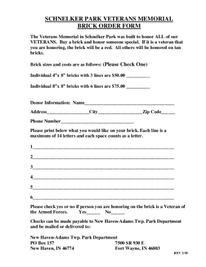 Fillable Online Fillable Online schnelker park veterans memorial brick ...
