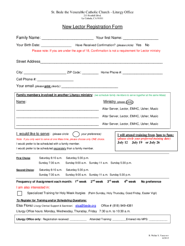 Fillable Online Liturgy Office - New Lector Registration Form - eCatholic Fax Email Print ...