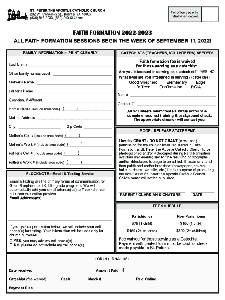 Fillable Online WelcomeSt. Peter the Apostle Catholic ChurchBoerne ...