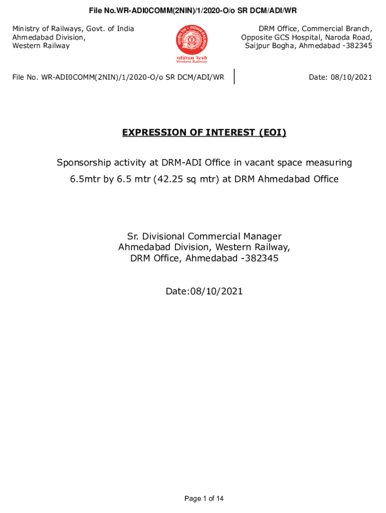 Fillable Online wr indianrailways gov EXPRESSION OF INTEREST (EOI) Sponsorship activity at ...