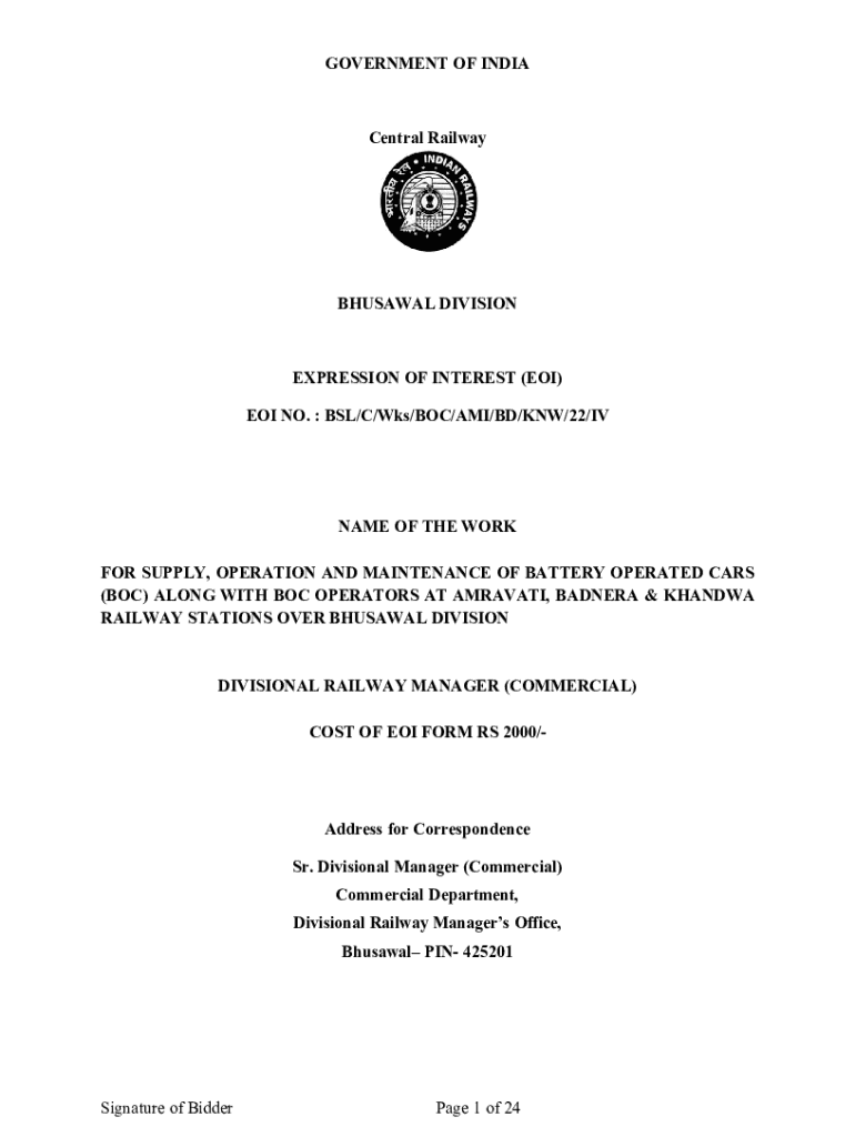 Fillable Online GOVERNMENT OF INDIA Central Railway BHUSAWAL DIVISION EOI NO. : BSL/C ... Fax ...