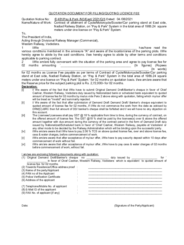 Fillable Online wr indianrailways gov QUOTATION DOCUMENT FOR FILLING ...
