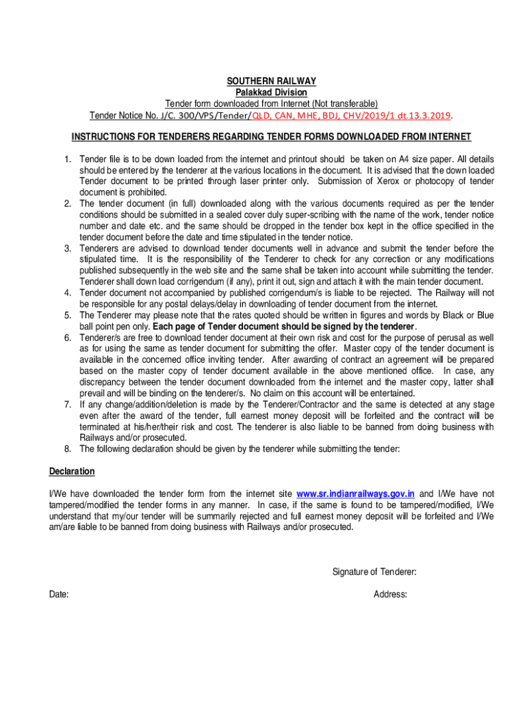Fillable Online SOUTHERN RAILWAY Palakkad Division Tender form ...