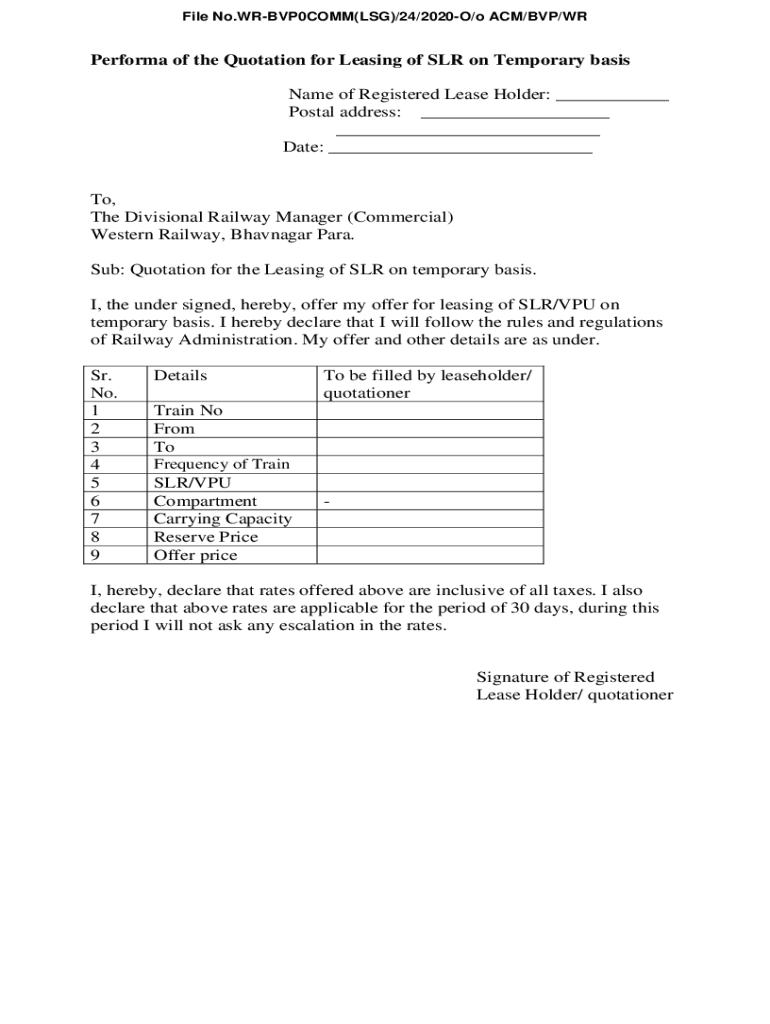 Fillable Online wr indianrailways gov Performa of the Quotation for ...