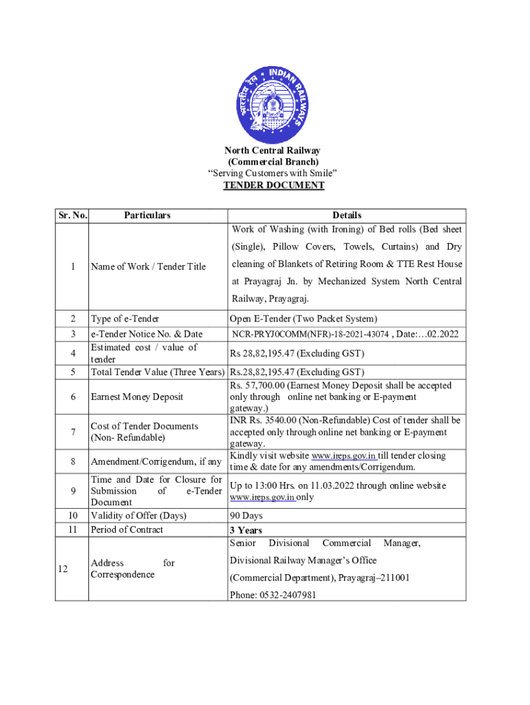 Fillable Online Serving Cus Sr. No. Particulars 1 Name of Work / Tender ...