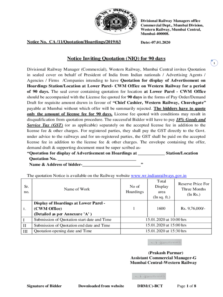 Fillable Online wr indianrailways gov Notice Inviting Quotation (NIQ ...
