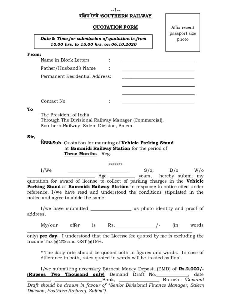 Fillable Online Quotation for manning of Vehicle Parking Stand at ...