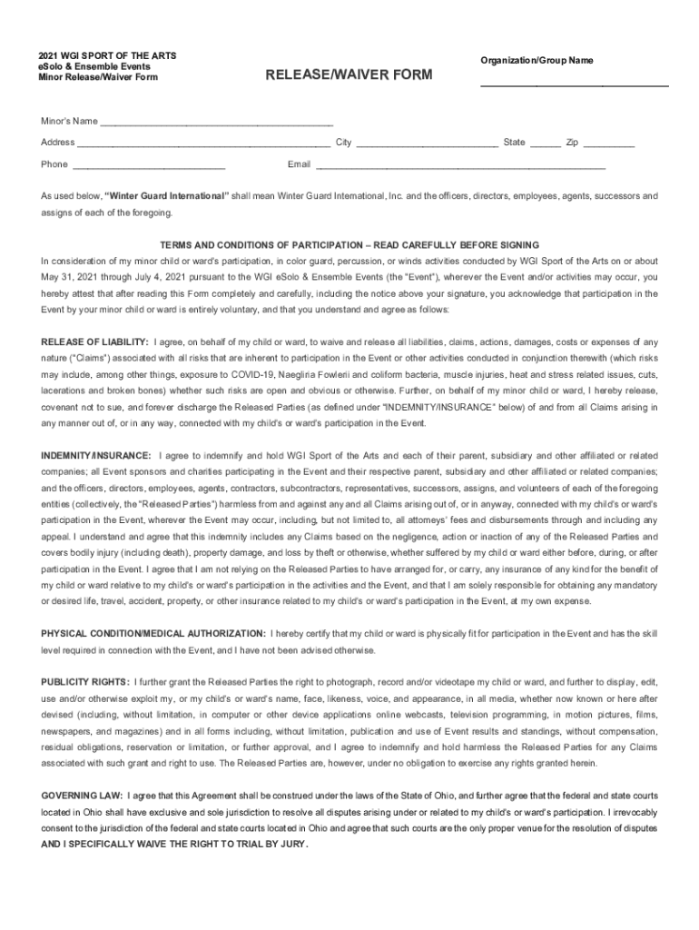 Fillable Online RELEASE/WAIVER FORM - WGI - Sport of the Arts Fax Email ...
