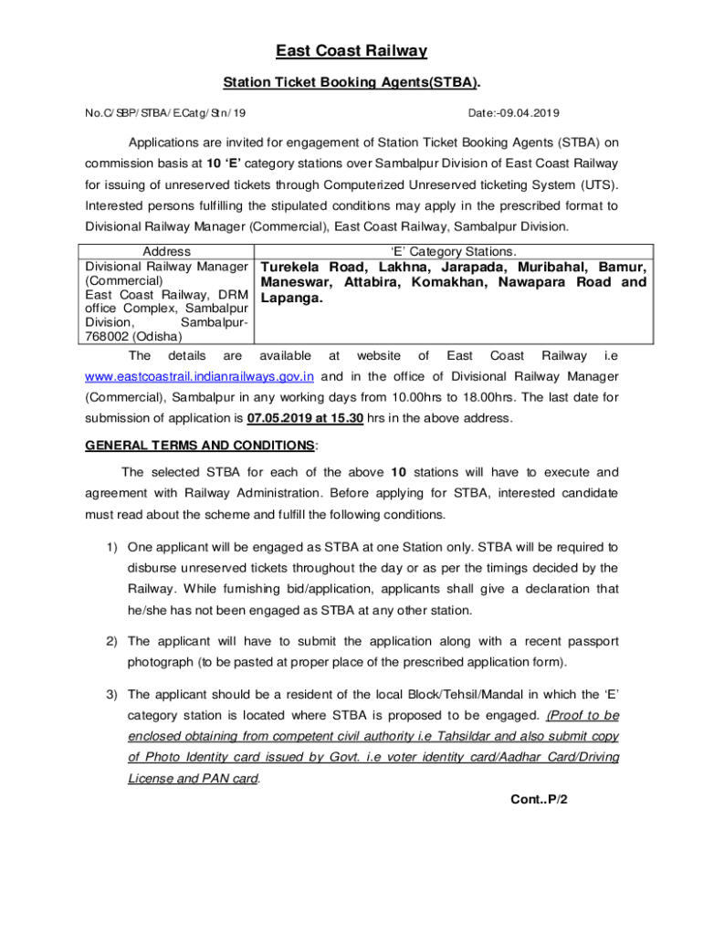 Fillable Online Station Ticket Booking Agents(STBA). - East Coast ...