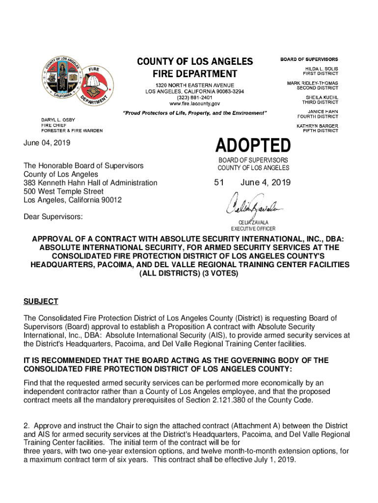 Fillable Online file lacounty APPROVAL OF A CONTRACT WITH ABSOLUTE SECURITY INTERNATIONAL, INC ...