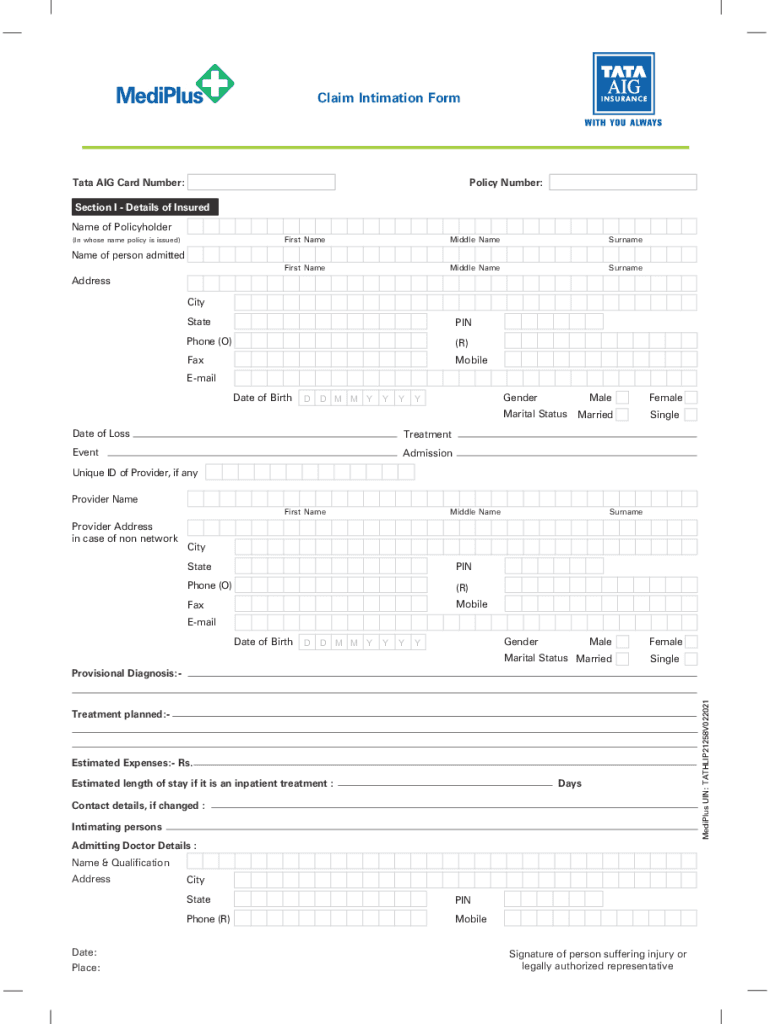 Fillable Online MediPlus - Claim Intimation Form.CDR - TATA AIG Fax ...